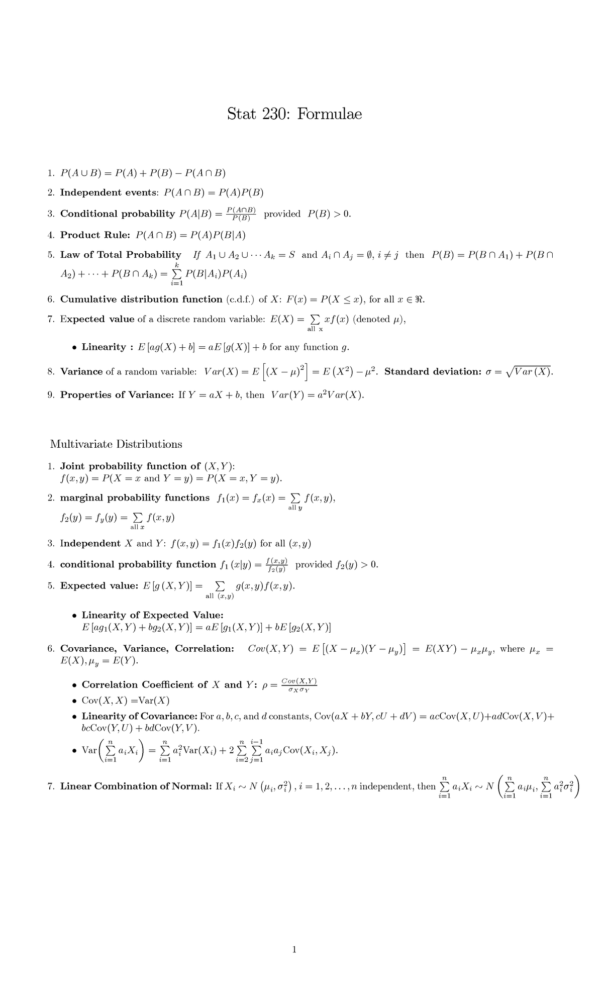 Formula&Tables for final - Stat 230: Formulae 1(A[B) =P(A) +P(B)P(A\B ...