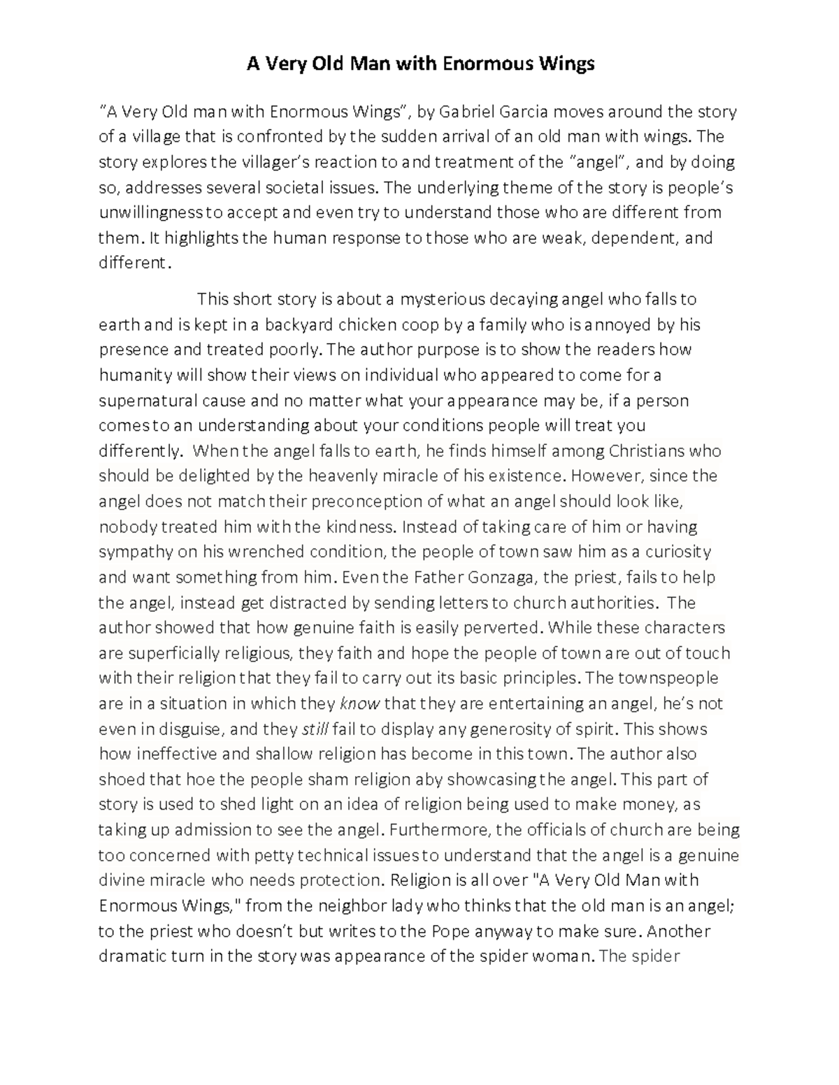 A Very Old man with Enormous Wings - The story explores the villager’s ...