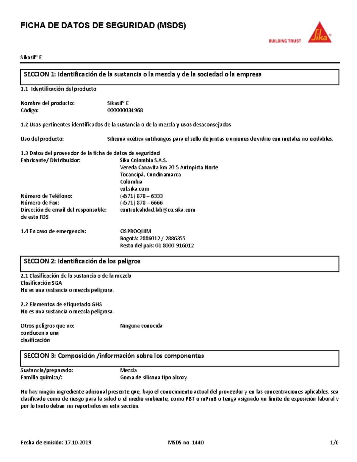 Co-hs Sikasil E - Resumenes para FISP - FICHA DE DATOS DE SEGURIDAD ...