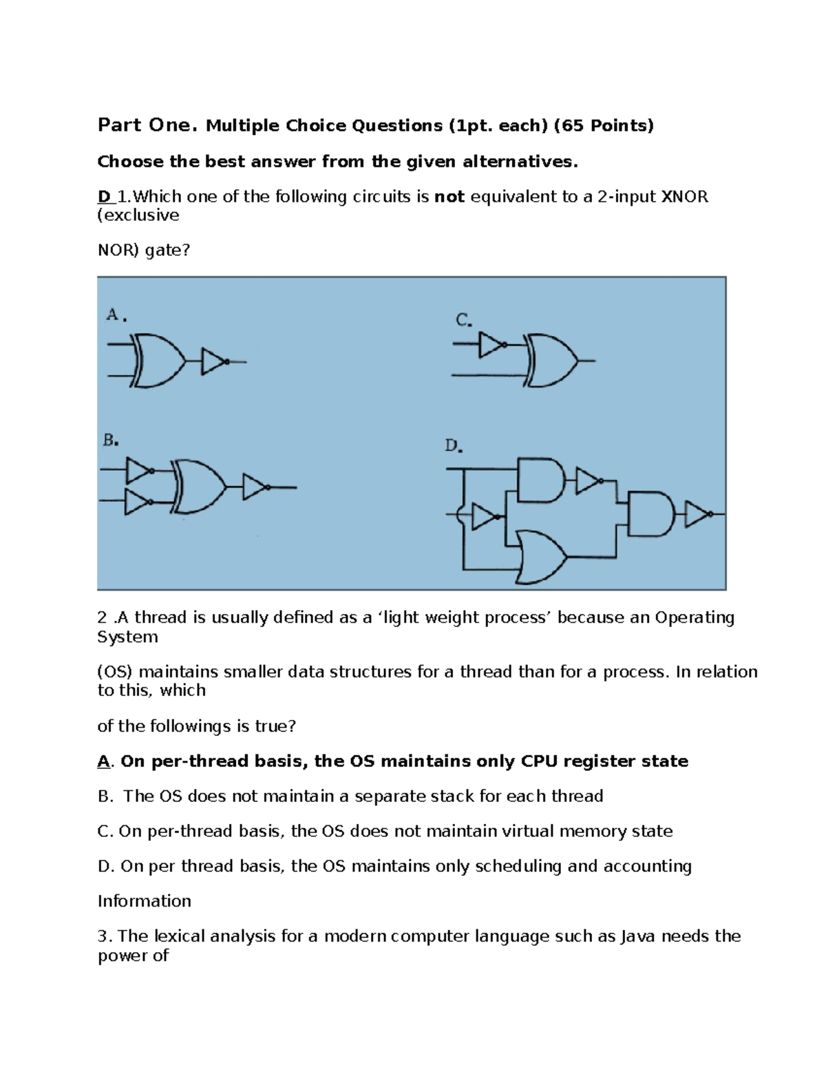 Mock Exam With Answer - Part One. Multiple Choice Questions (1pt. each) (65 Points) Choose the ...