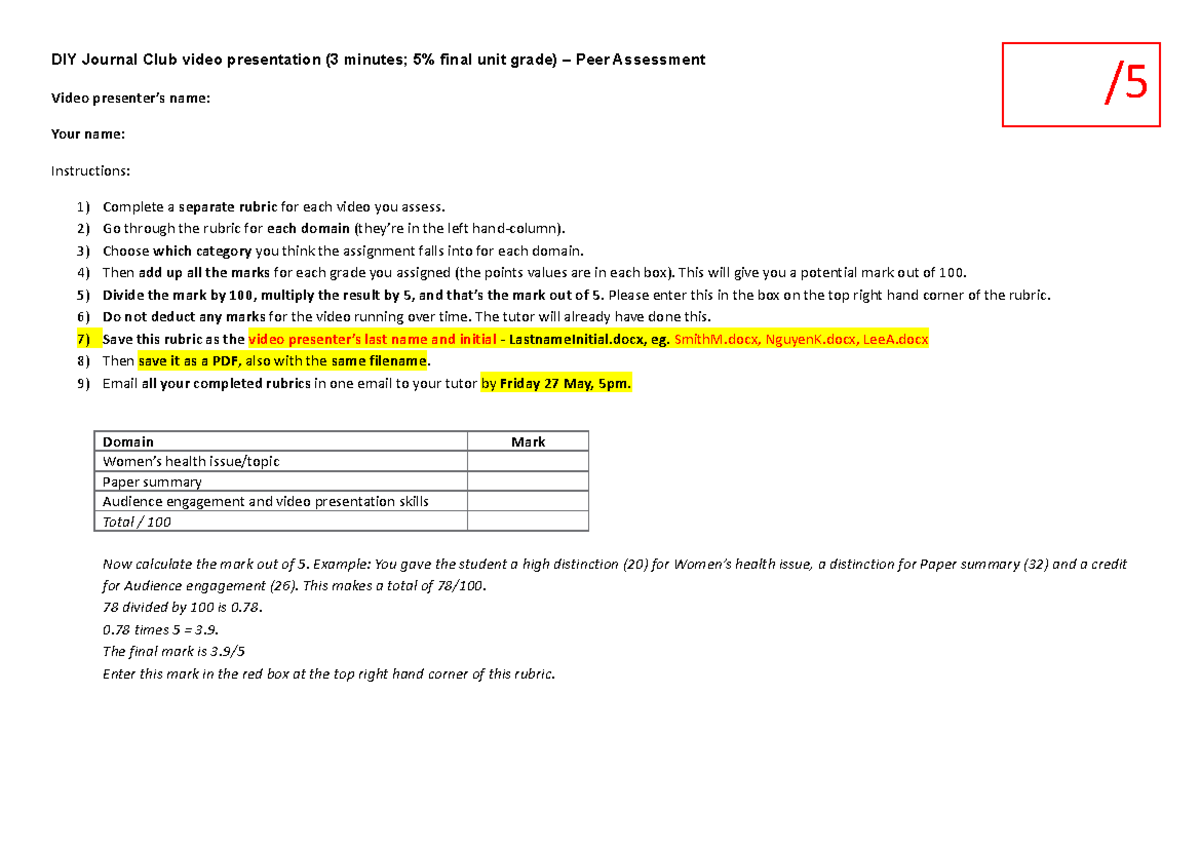 Rubric Peer Assessment 2022 - DIY Journal Club video presentation (3 ...