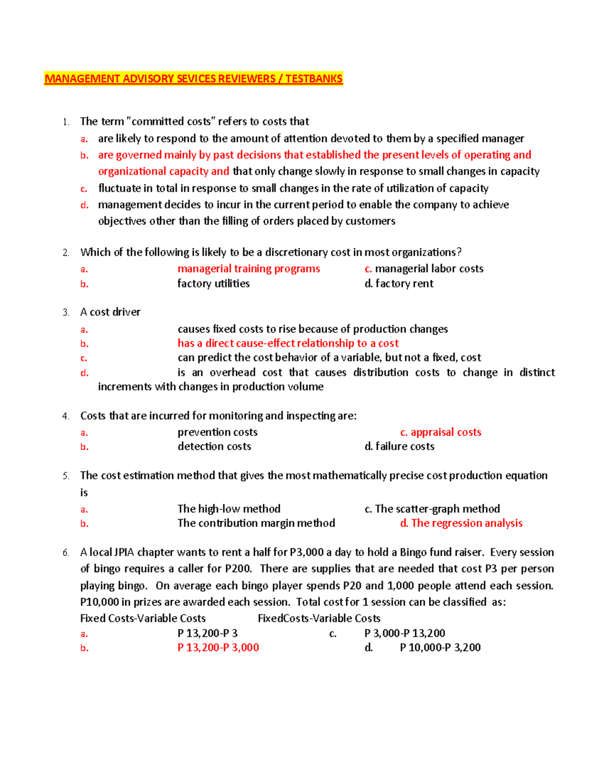 MAS-Test Bank - N/A - MANAGEMENT ADVISORY SEVICES REVIEWERS / TESTBANKS ...