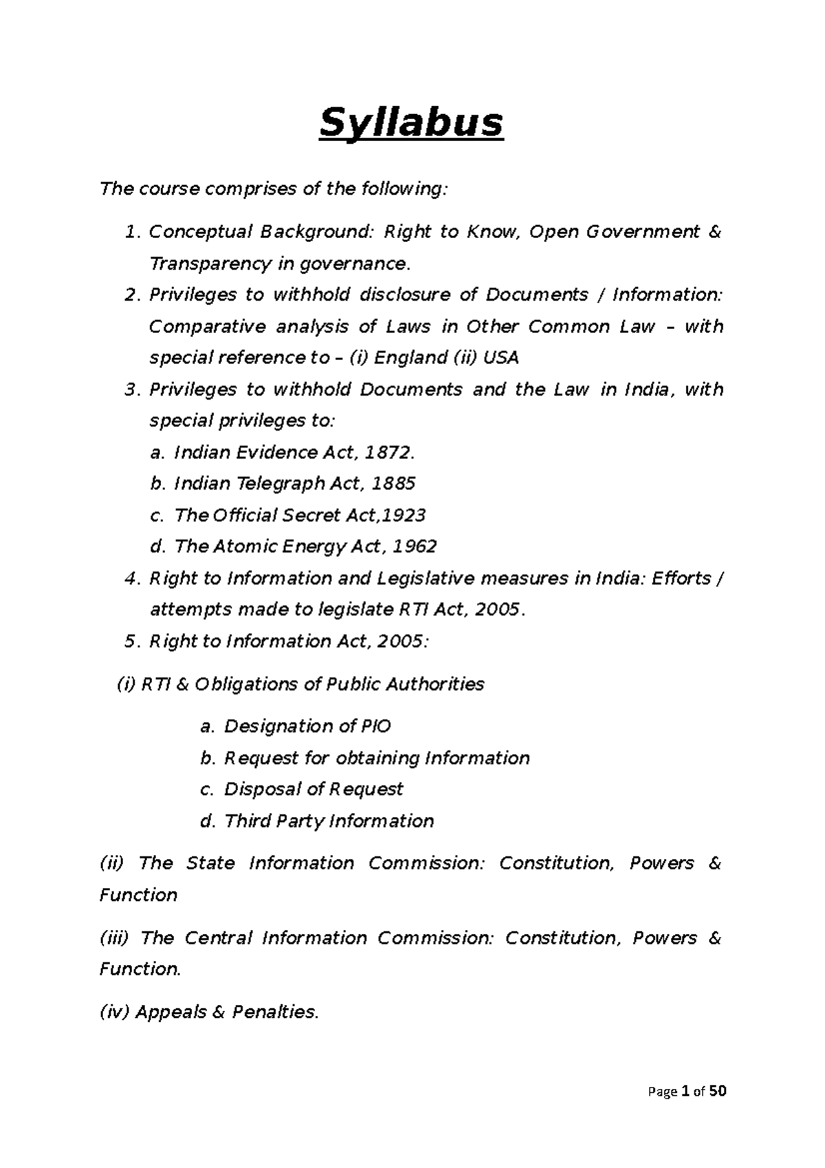 Right TO Information - Syllabus The course comprises of the following ...