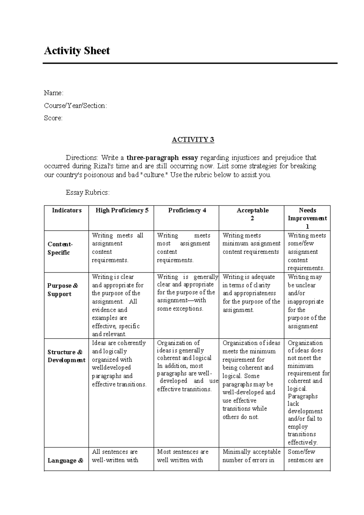 Activity Sheet 4 - none - Activity Sheet Name: Course/Year/Section ...