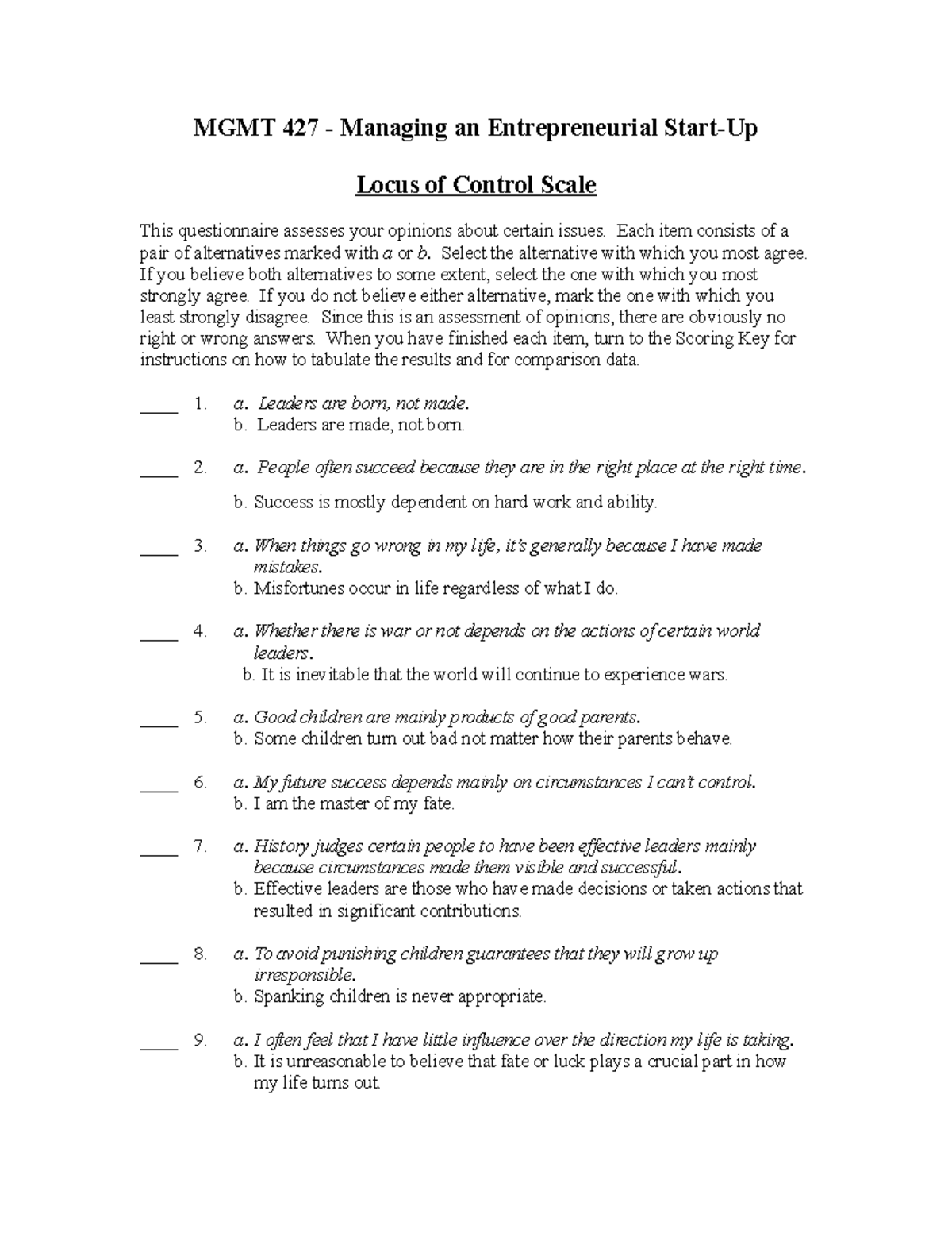 Locus of Control Scale - notes class - MGMT 427 - Managing an ...