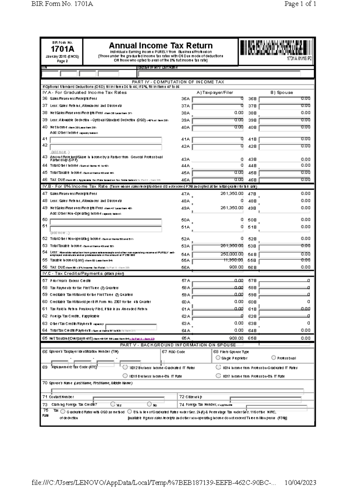 1701A Annual ITR BIR Form No 1701A Page 1 Of 1 BIR Form No 1701A