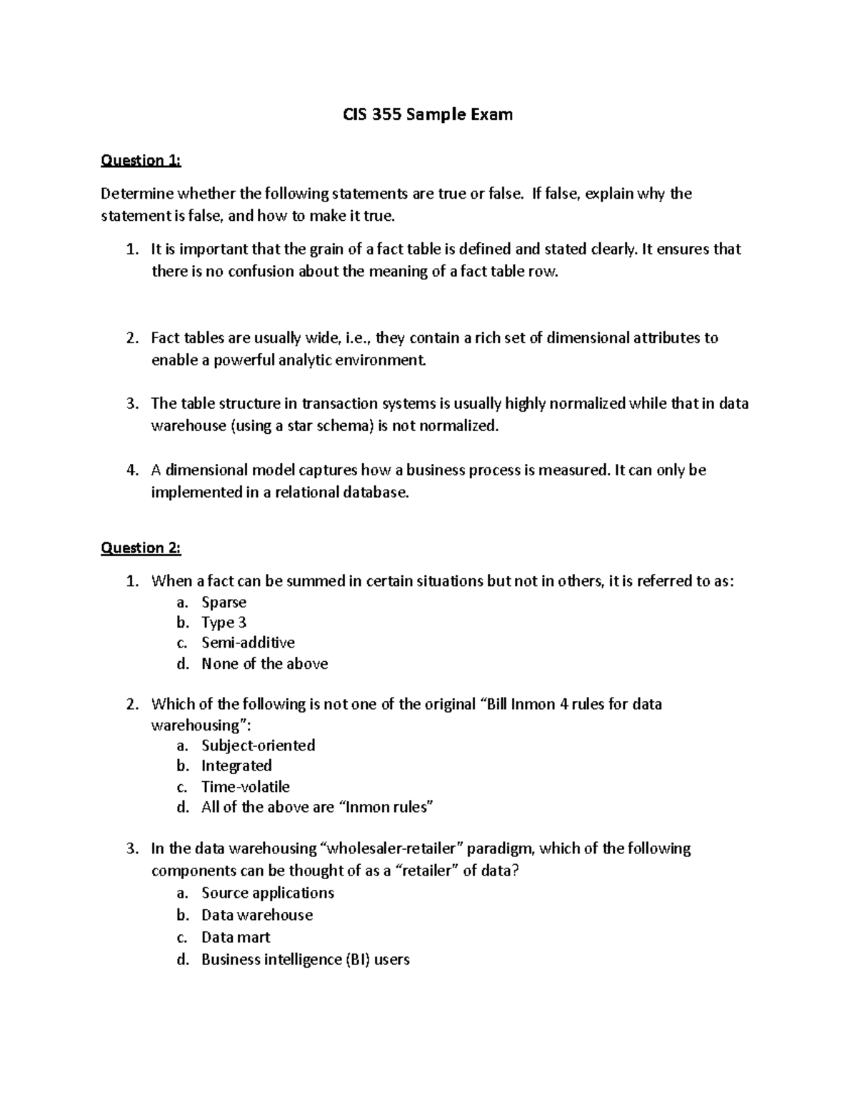 Sample Exam - CIS 355 Sample Exam Question 1: Determine whether the ...