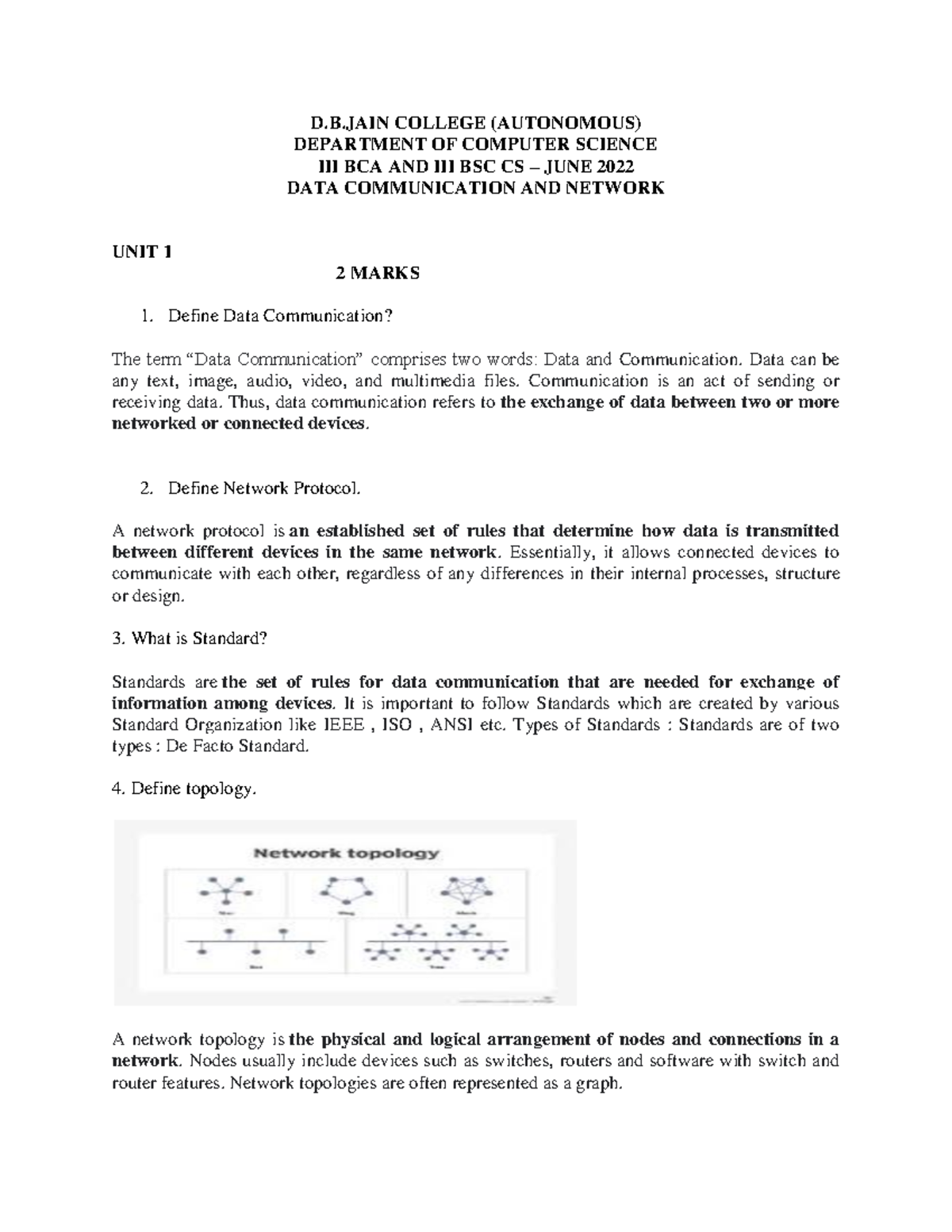 DCN MOST Important Questions AND Answer - D COLLEGE (AUTONOMOUS ...