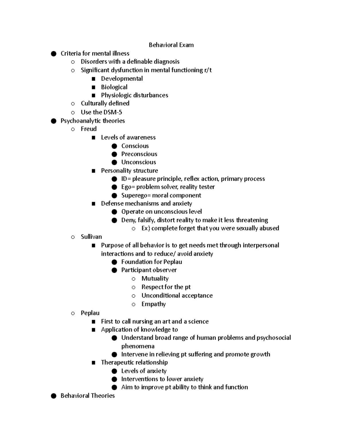 Behavioral Exam 2 - Behavioral Exam Criteria for mental illness o ...
