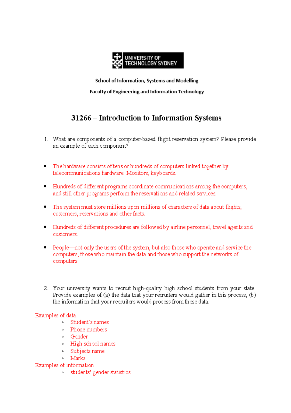 Week 3 Answers - 31266 – Introduction to Information Systems What are components of a computer ...