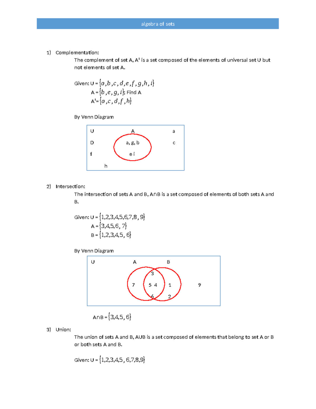 Algebra of sets EXAM - 1) Complementation: The complement of set A, A 1 ...