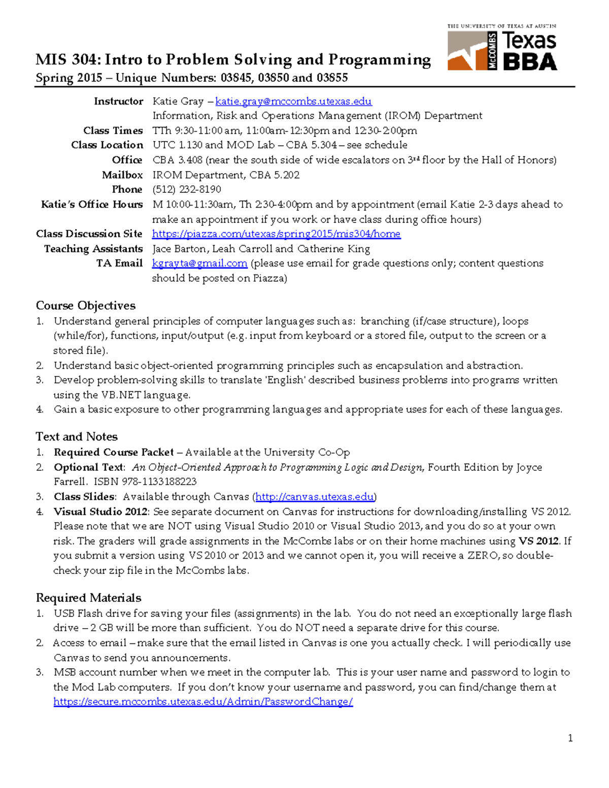 MIS 304 (Gray) - Syllabus - MIS 304: Intro to Problem Solving and ...