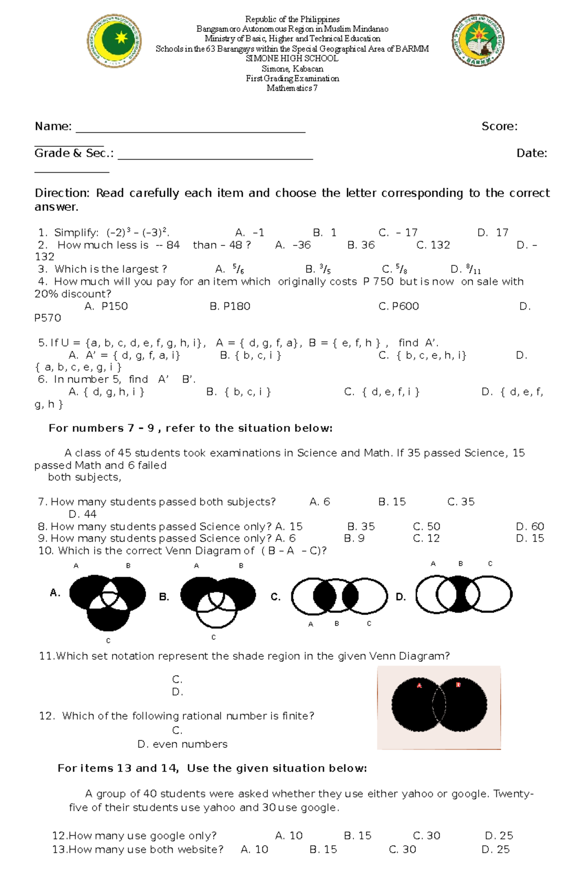 1st PT Math 7 - DASD - Republic of the Philippines Bangsamoro ...