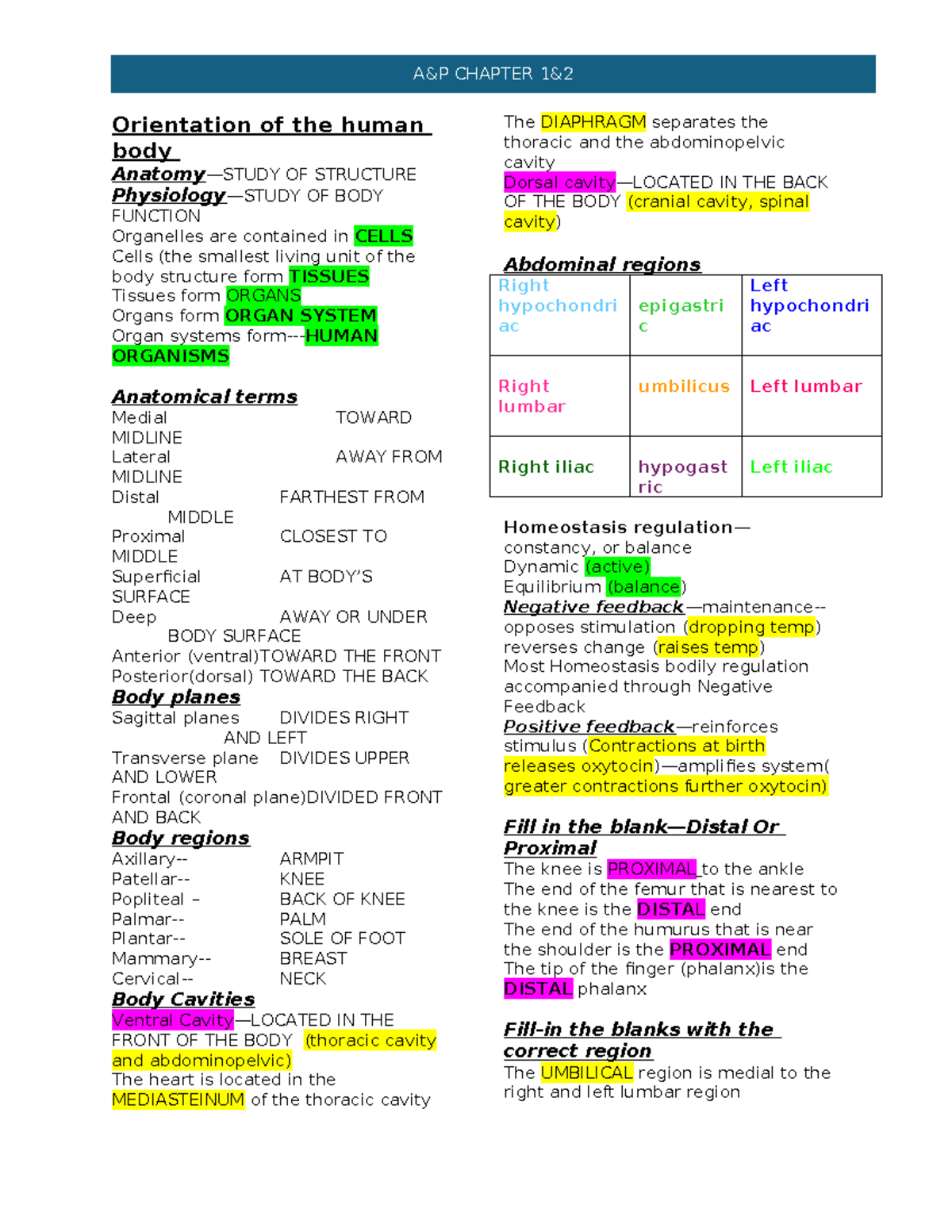A&P chap 1-2 - Intro into Anatomy and physiology - Orientation of the ...