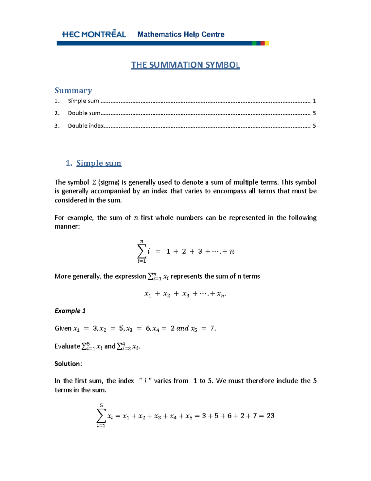 The summation symbol - THE SUMMATION SYMBOL Summary Simple sum - Studocu