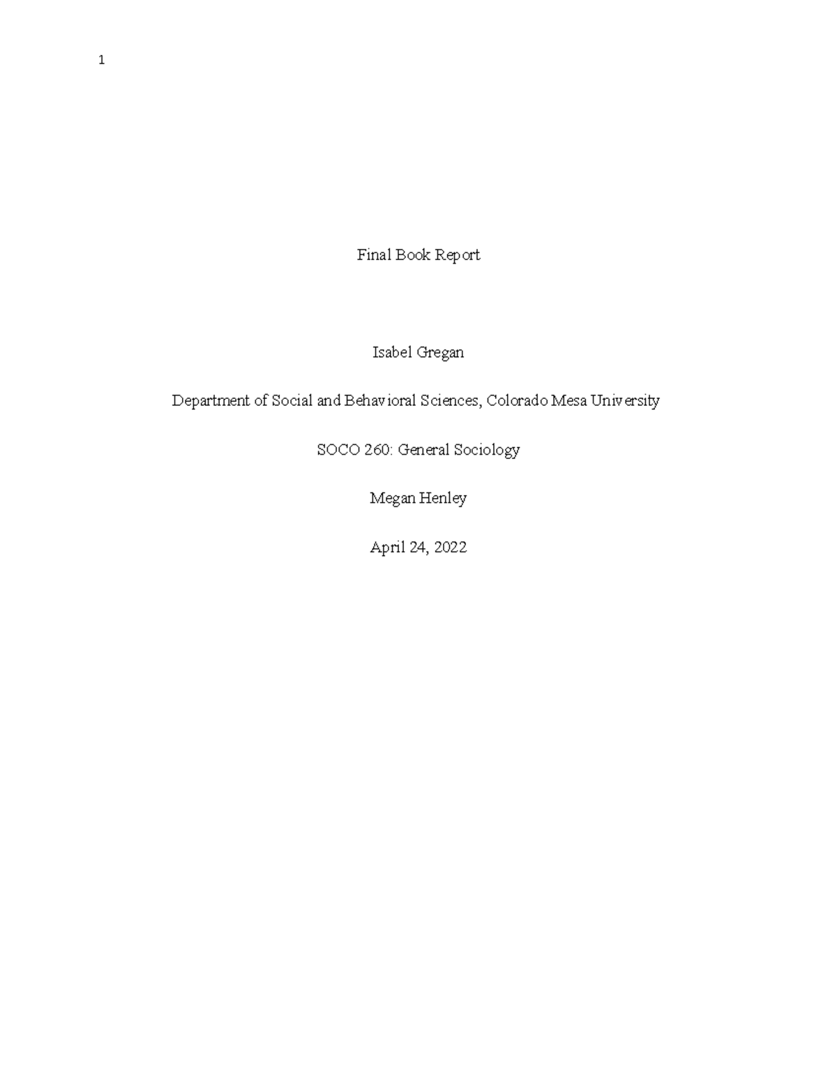 Final Book Report - Final Book Report Isabel Gregan Department of ...