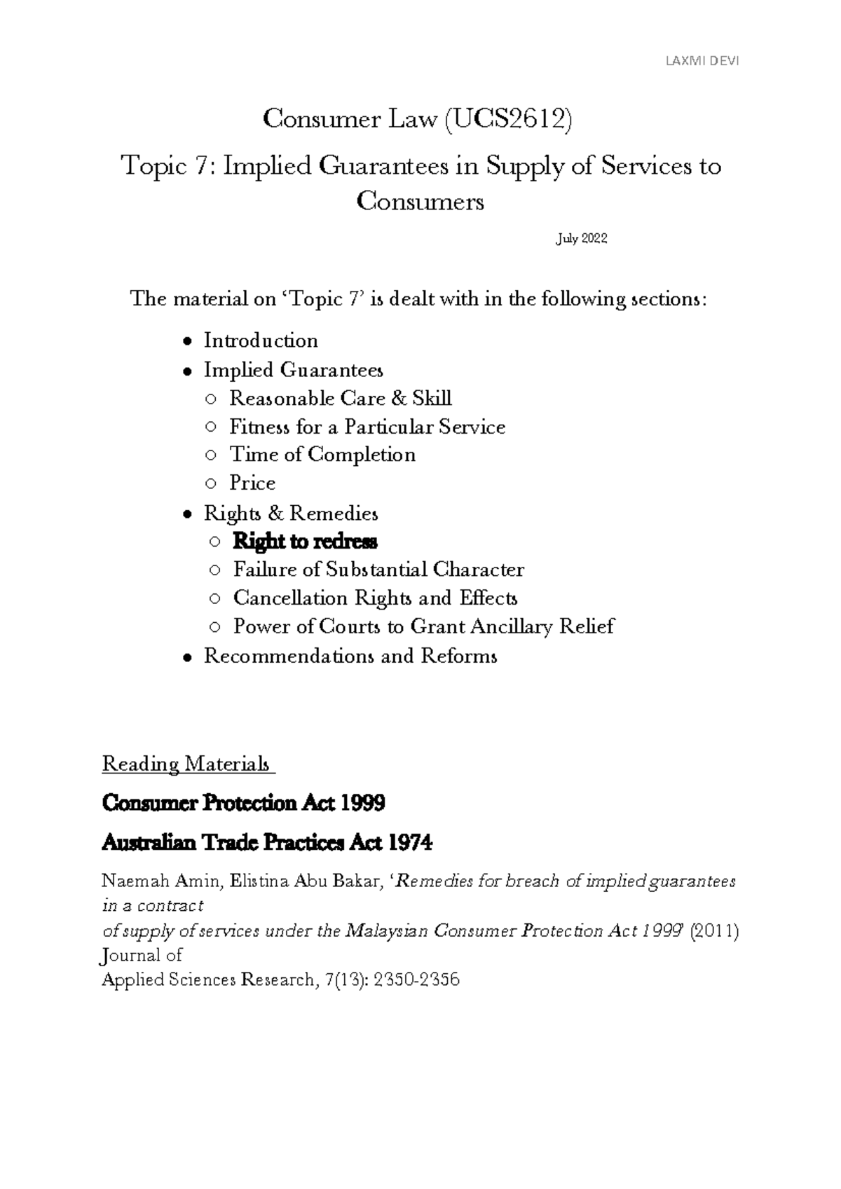 Topic 7 Implied Guarantees in Supply of Services to Consumers ...