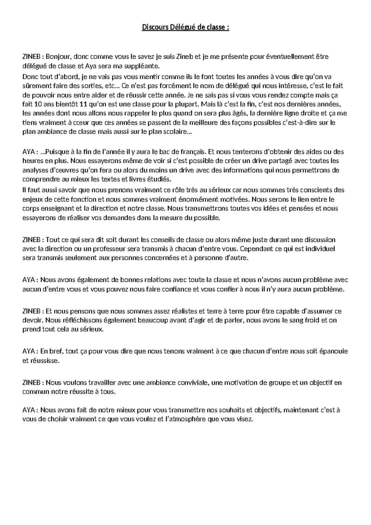 Discours Délègué de classe - Discours Délégué de classe : ZINEB ...