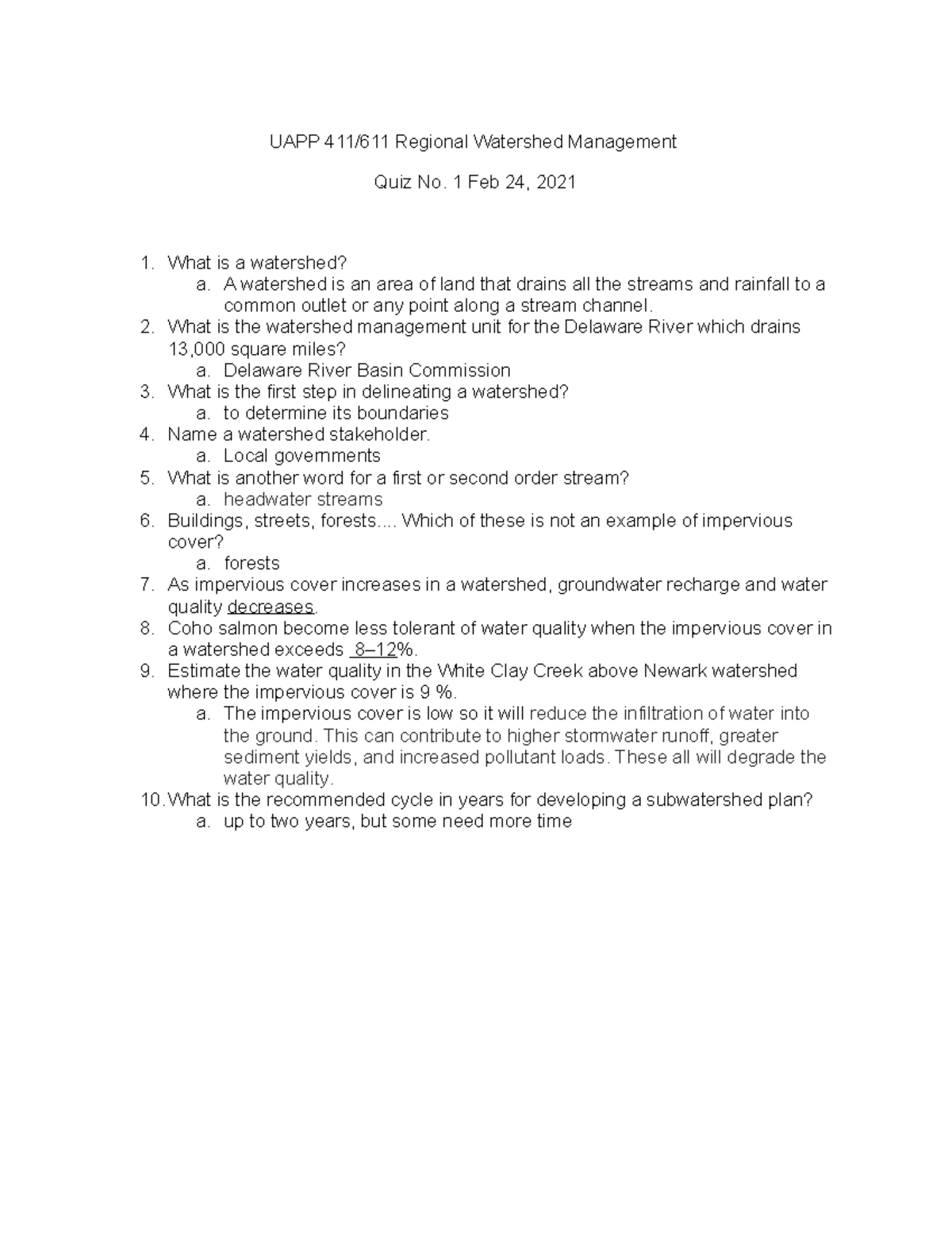 Uapp watershed quiz 1 - UAPP 411/611 Regional Watershed Management Quiz ...