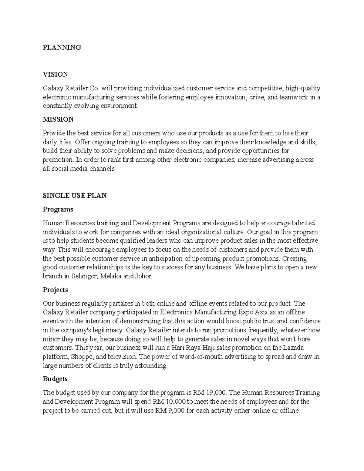 Planning & Organizing - PLANNING VISION Galaxy Retailer Co. will ...