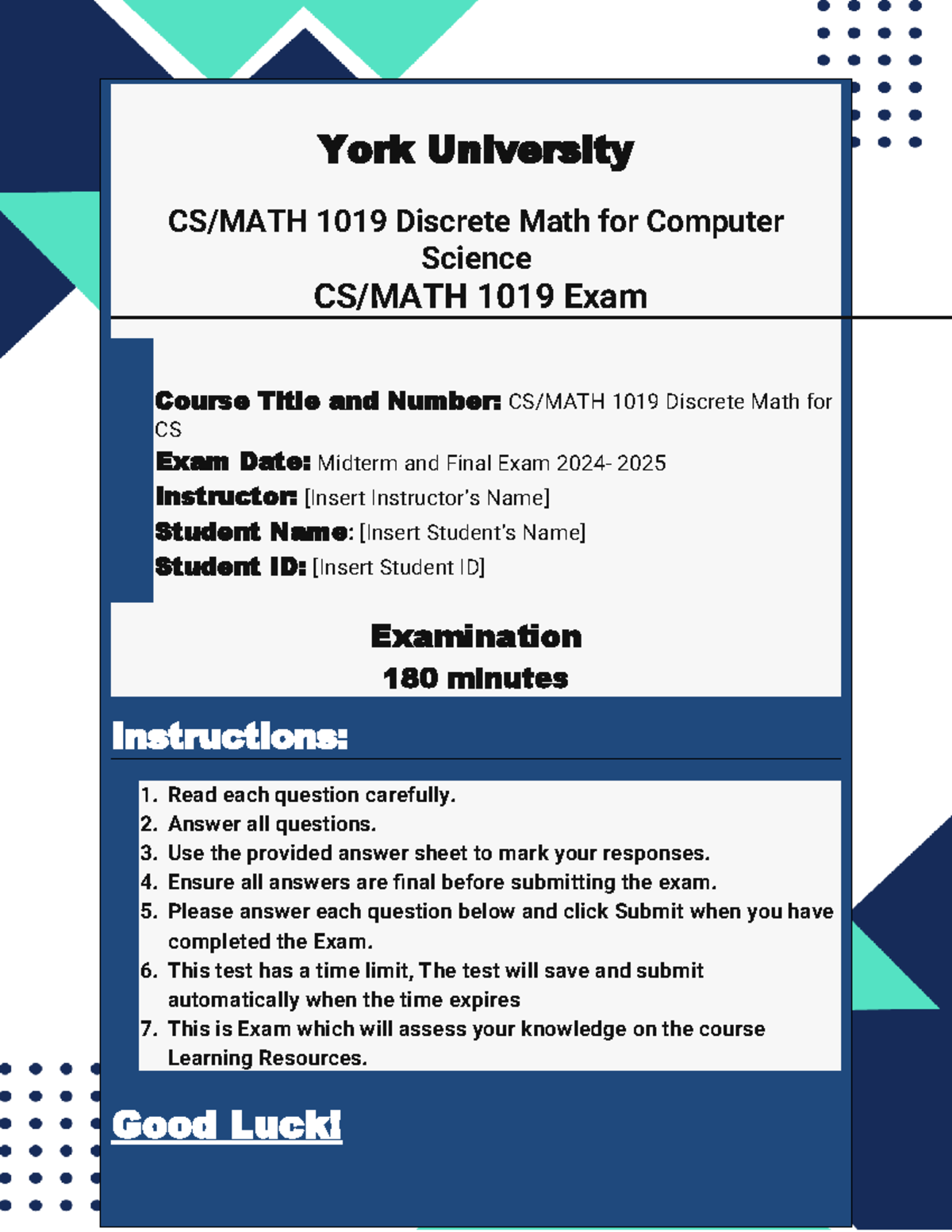 MATH 1019 Midterm Exam Review Questions with Verified Solutions - York ...