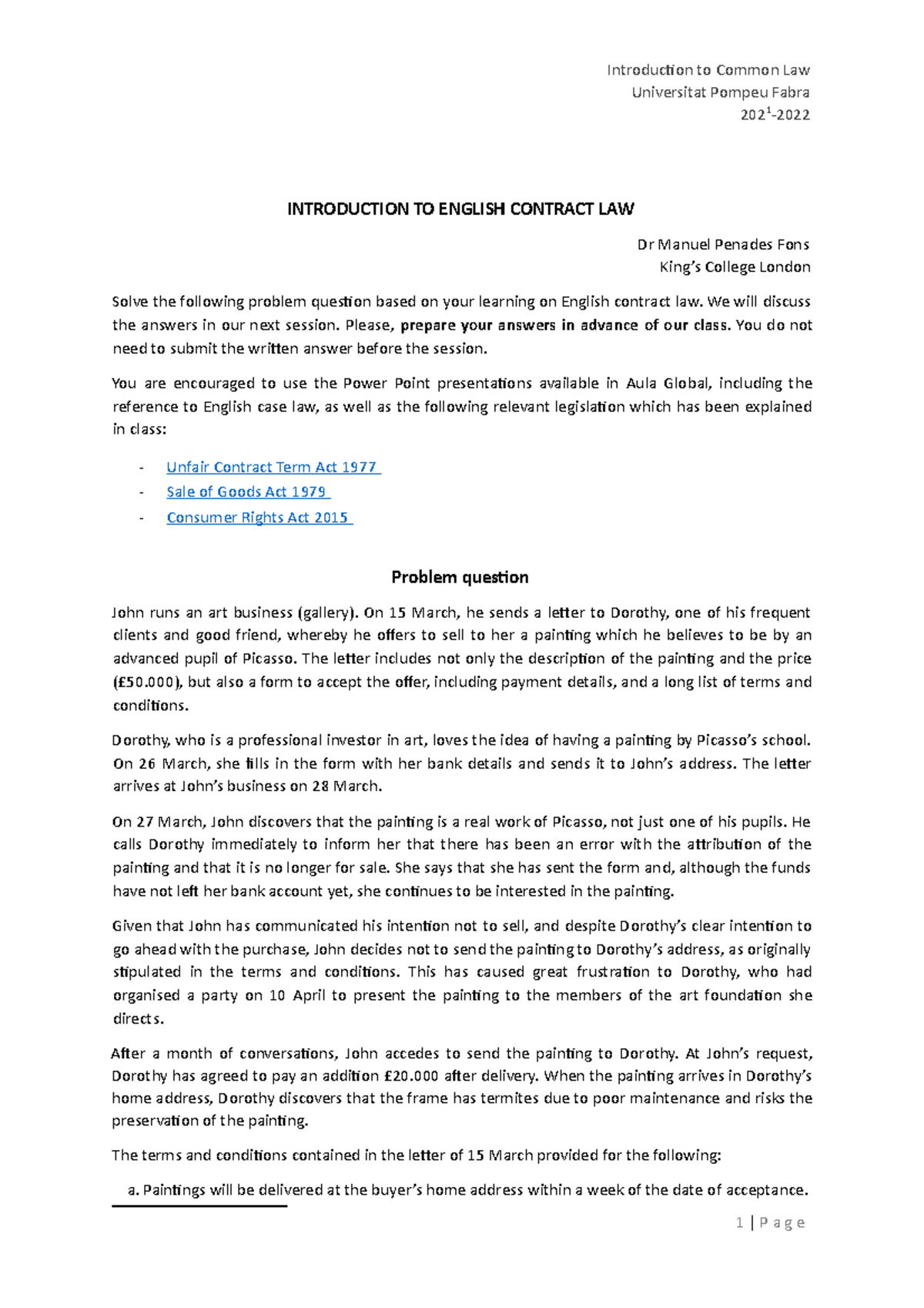 English contract law - Problem question - Introduction to Common Law ...