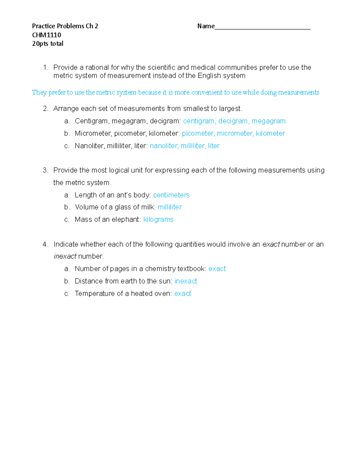 CHM1110 PP Ch 2-2 - Practice problems from chapter - Practice Problems Ch 2 - Studocu