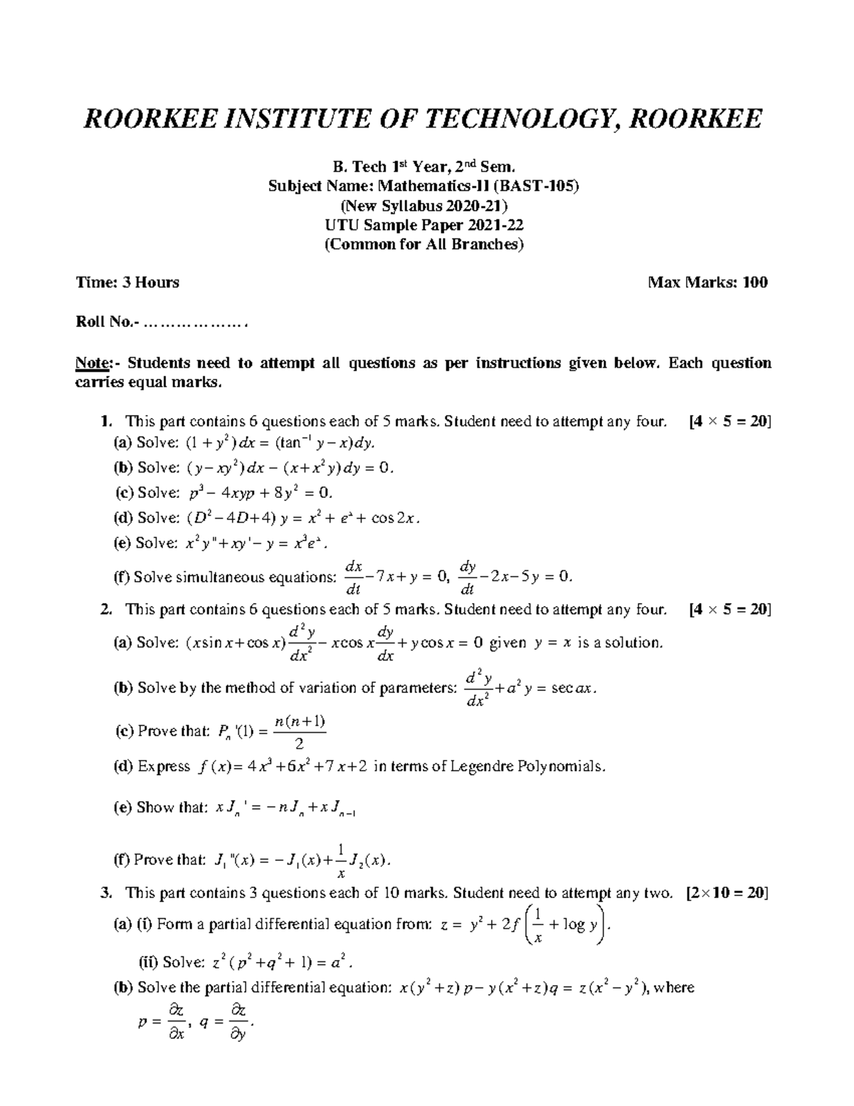 UTU Mathematics-II Sample Paper, 2021-22 - ROORKEE INSTITUTE OF ...