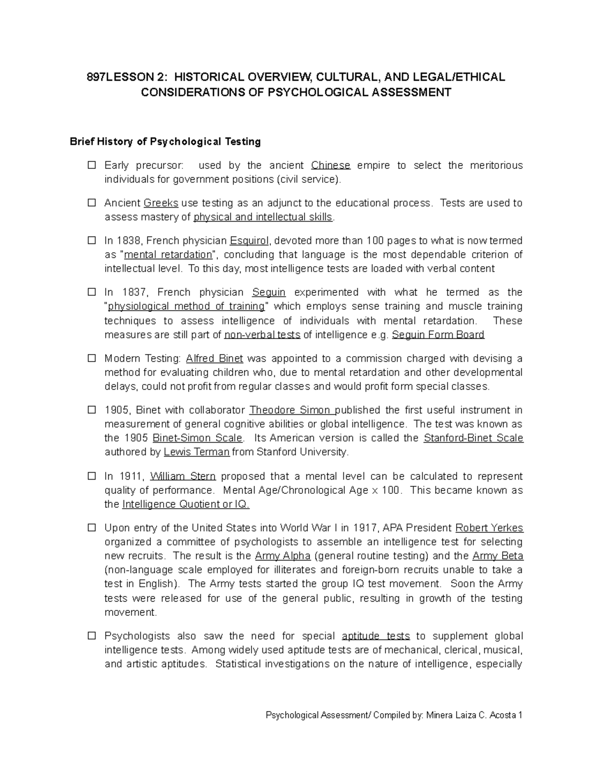 Lesson 2 Psych Assessment - 897LESSON 2: HISTORICAL OVERVIEW, CULTURAL ...