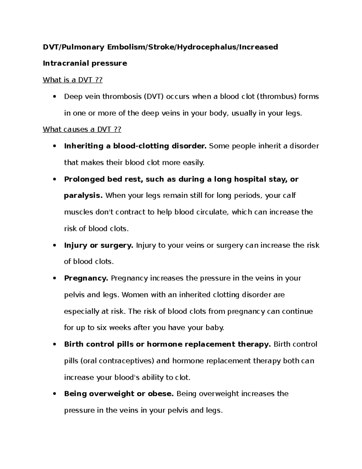 DVT PE notes (1) - N/A - DVT/Pulmonary Embolism/Stroke/Hydrocephalus ...