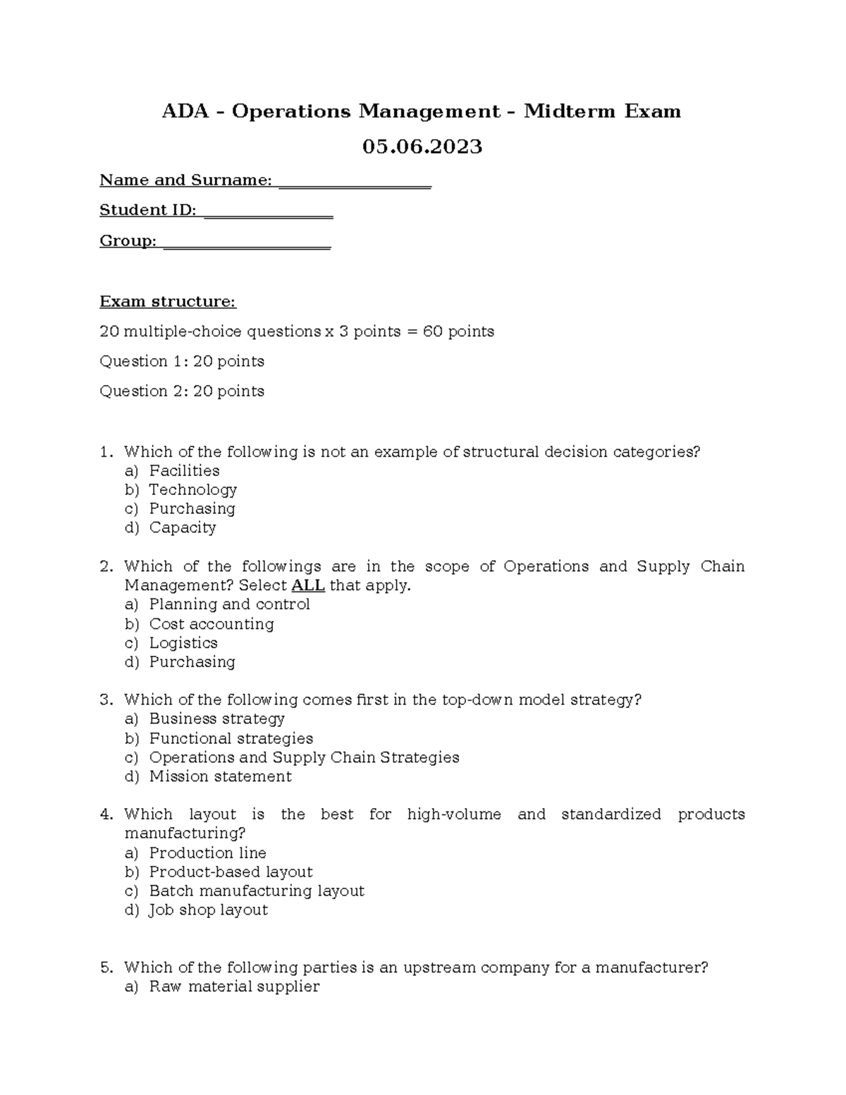 Midterm exam Sample - eked - ADA – Operations Management – Midterm Exam 05. Name and Surname ...