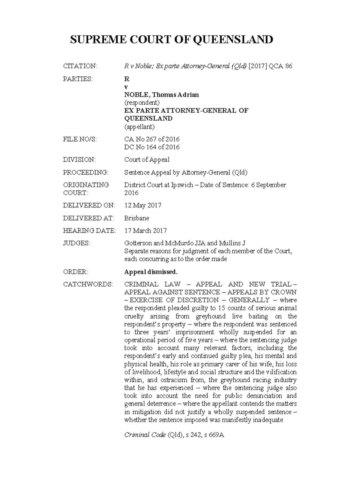 R v Thomas Adrian Noble BC2017 03491 - SUPREME COURT OF QUEENSLAND ...