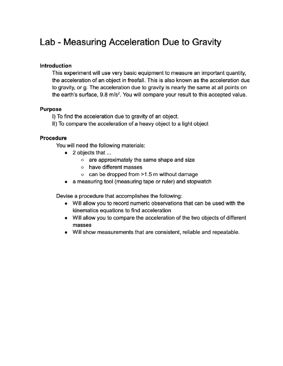 Acceleration due to gravity - Math 138 - Studocu