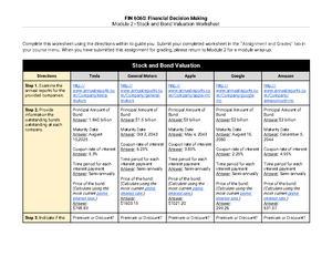 FIN 6060 Module 2 Worksheet - Module 2 - Stock and Bond Valuation Worksheet Module 2 Assignment ...