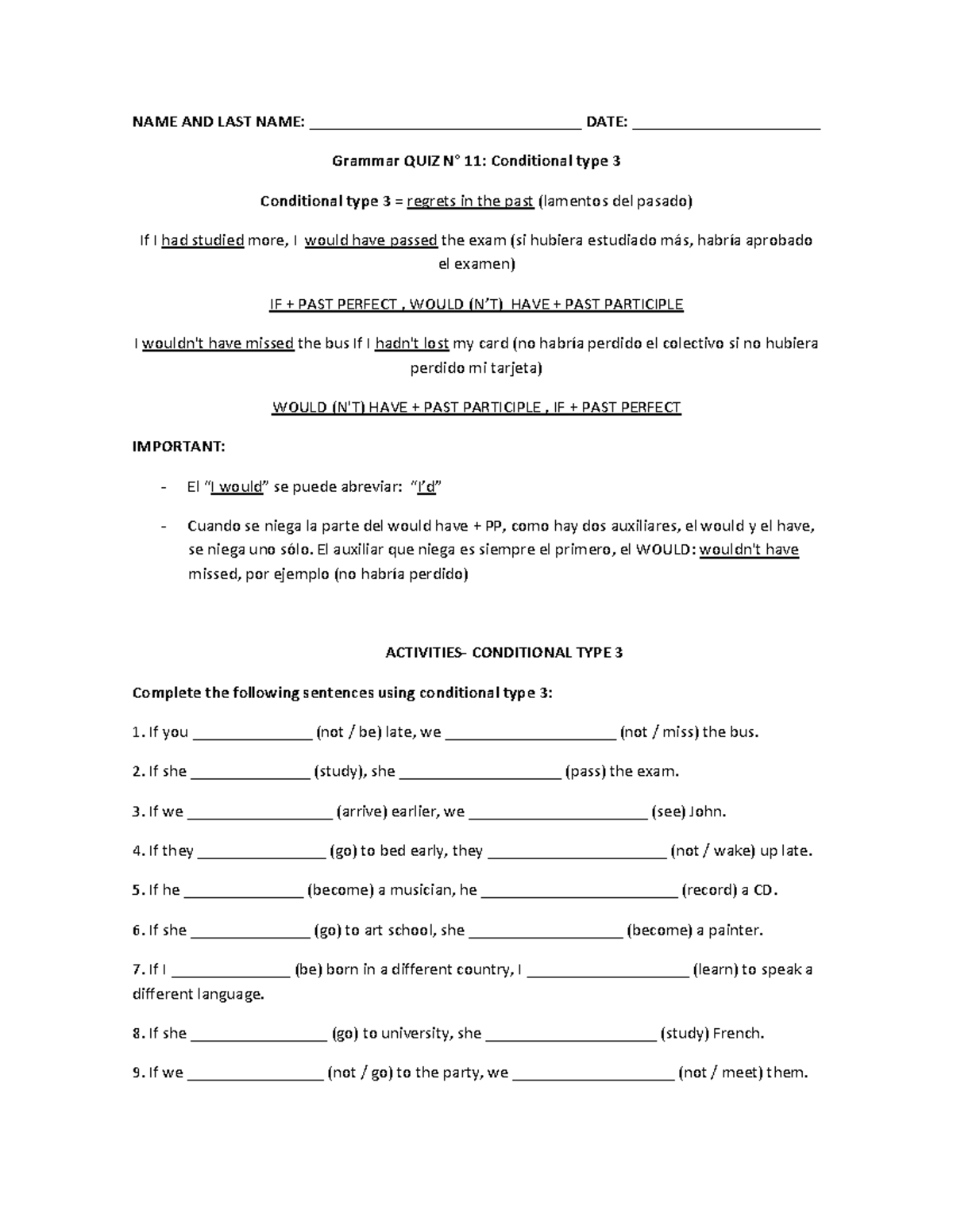 Grammar Quiz 11- Conditional type 3 - Explanation Mactivities - NAME ...