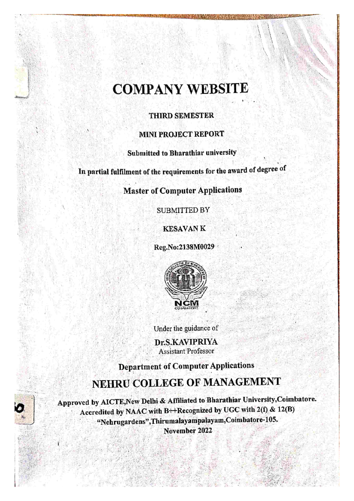 Kesavan MCA project - Computer Applications MCA - Studocu