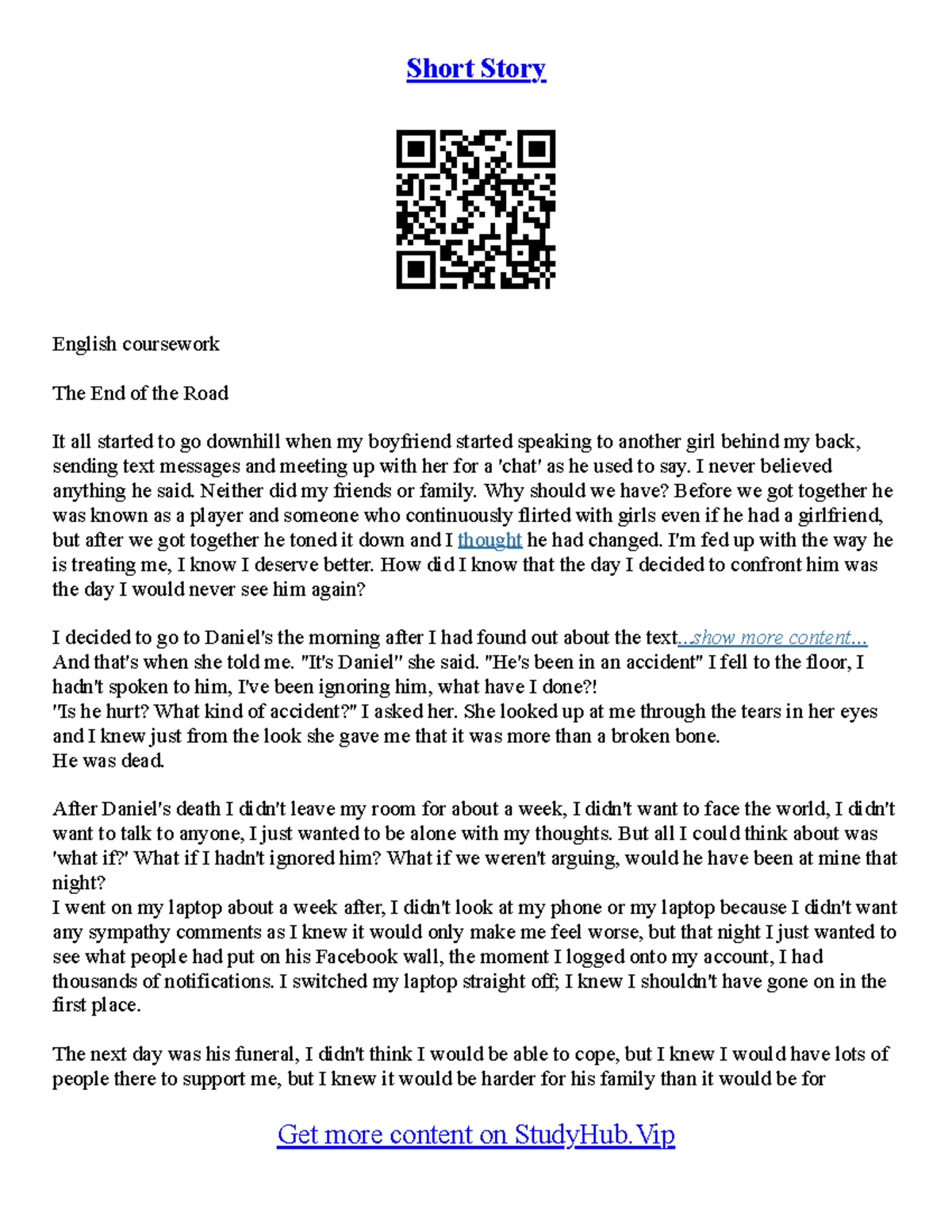 Short Essays In English - Short Story English coursework The End of the ...