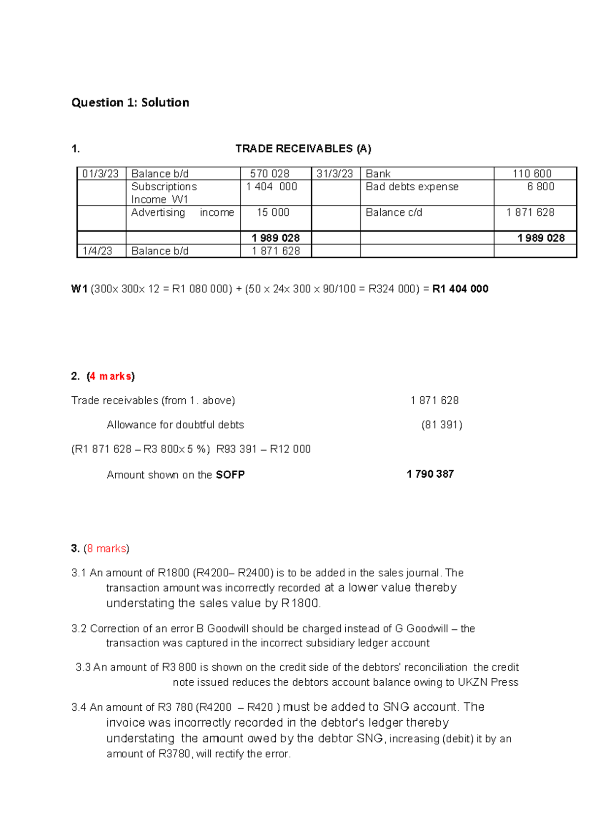 Tutorial 7 - Submission Solution - Question 1: Solution 1. TRADE RECEIVABLES (A) 01/3/ 23 ...