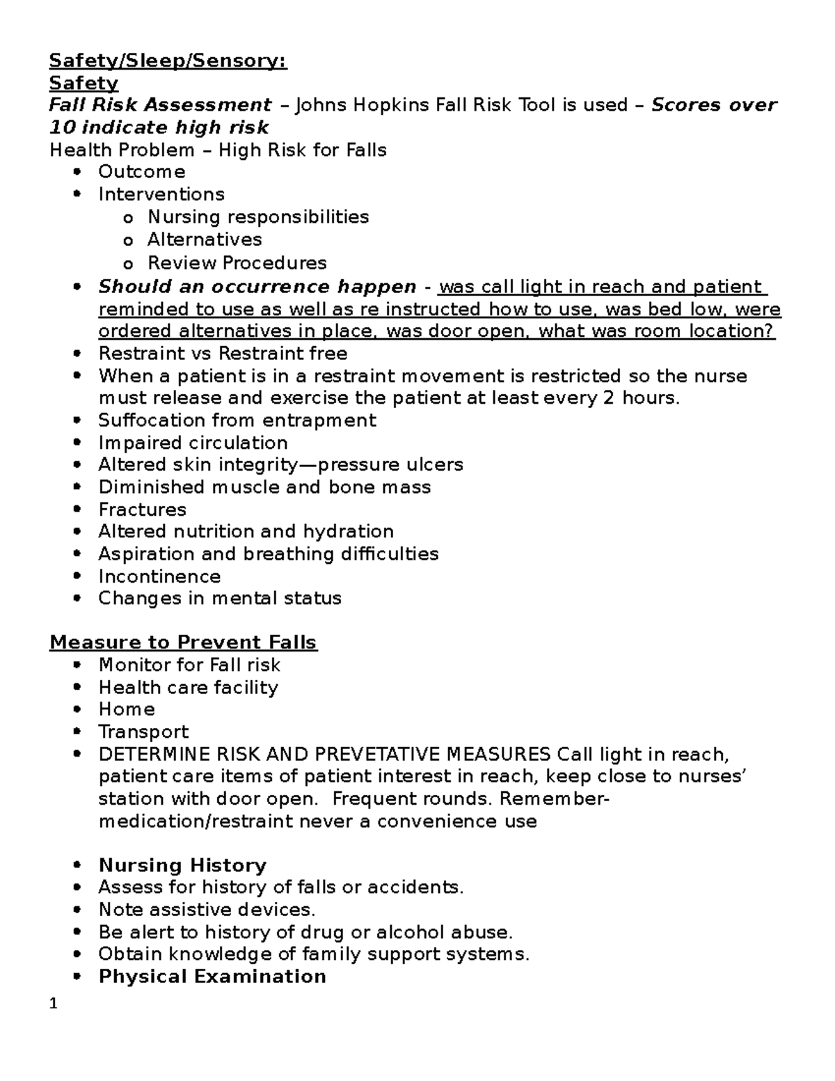 Safety:Sleep Notes - Safety/Sleep/Sensory: Safety Fall Risk Assessment ...