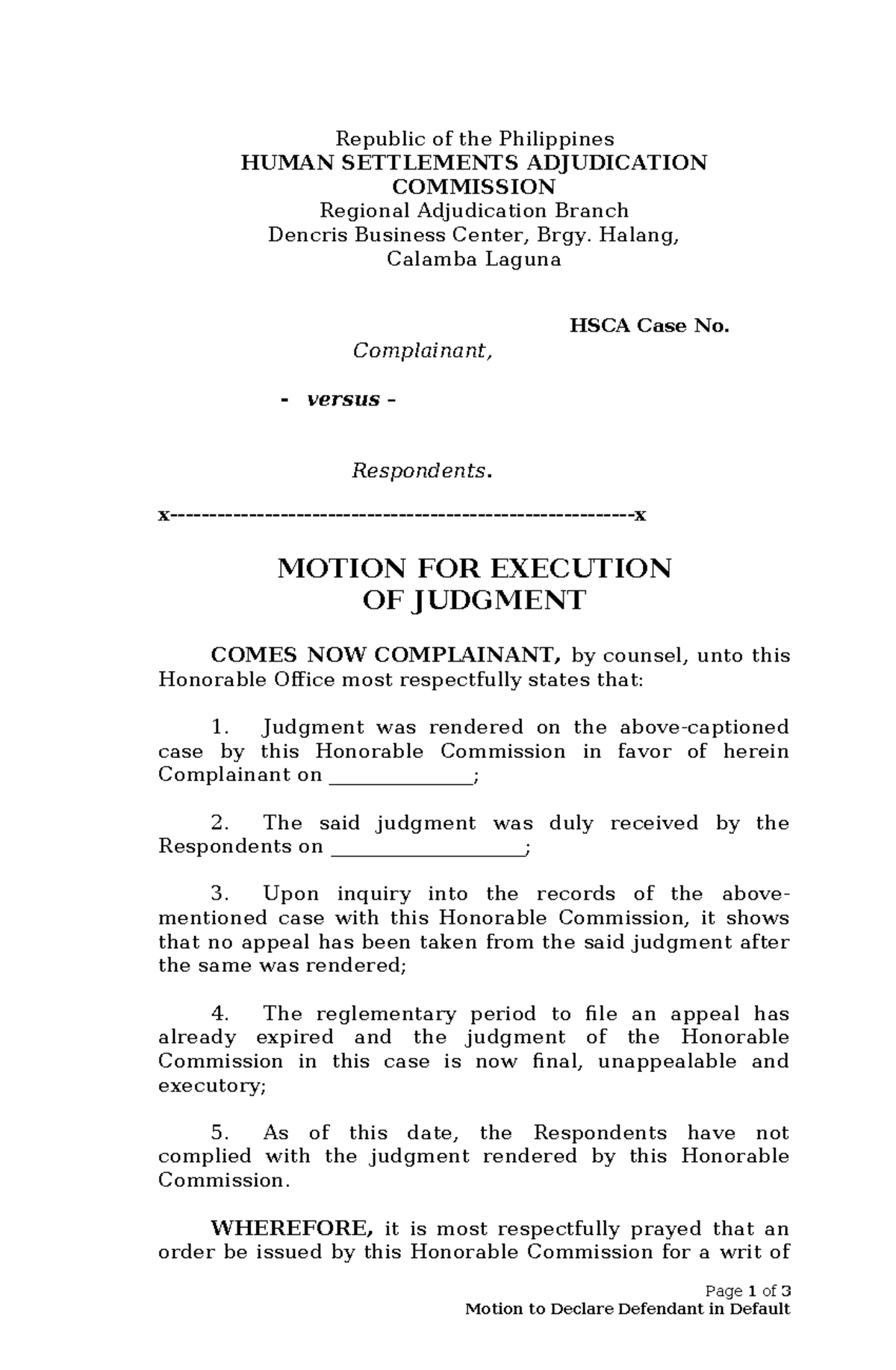 [Draft] Motion for Execution V1 - Republic of the Philippines HUMAN ...
