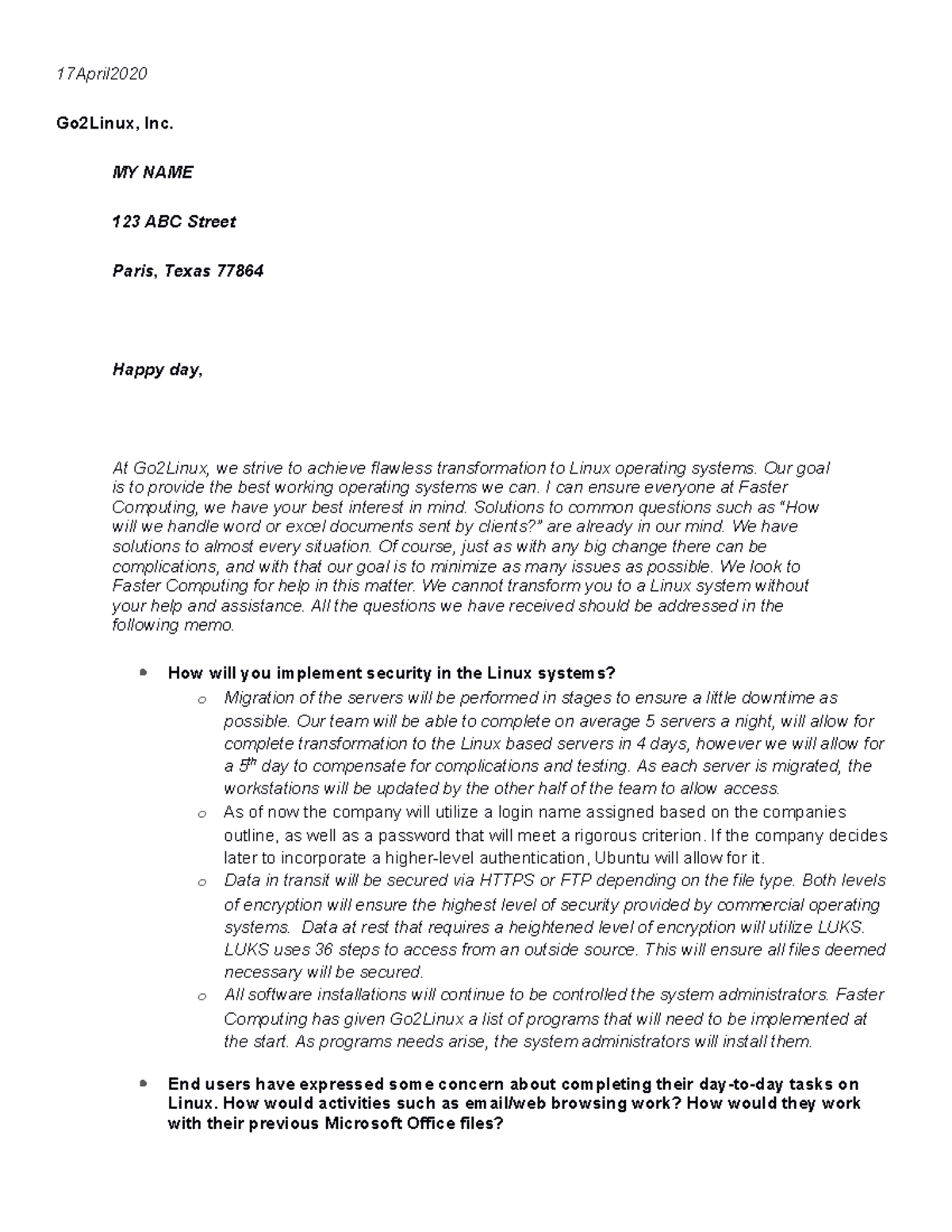 Part2 Linux Implementaion Memo - 17April Go2Linux, Inc. MY NAME 123 ABC Street Paris, Texas ...