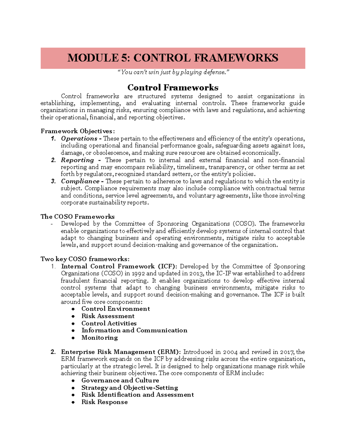 Module 5 & 6 Notes - Control Frameworks of Internal Auditor - MODULE 5 ...