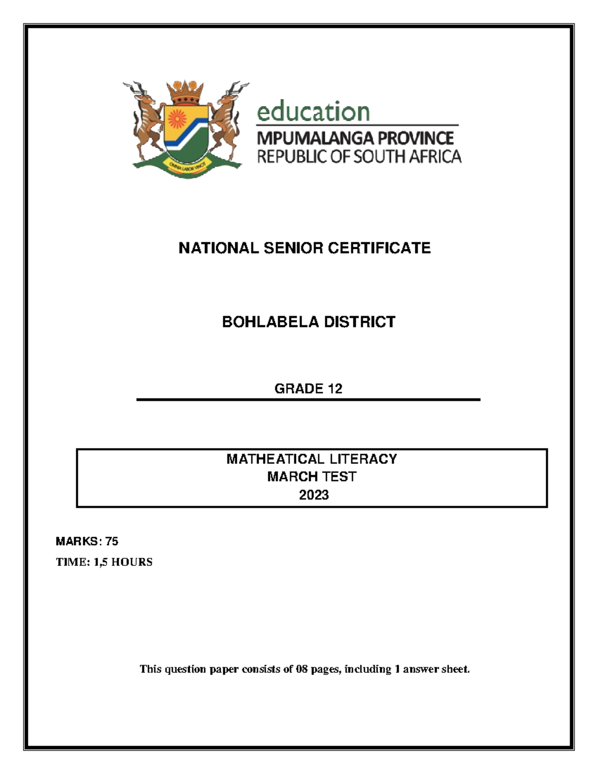 2023 grade 12 March TEST - NATIONAL SENIOR CERTIFICATE BOHLABELA ...