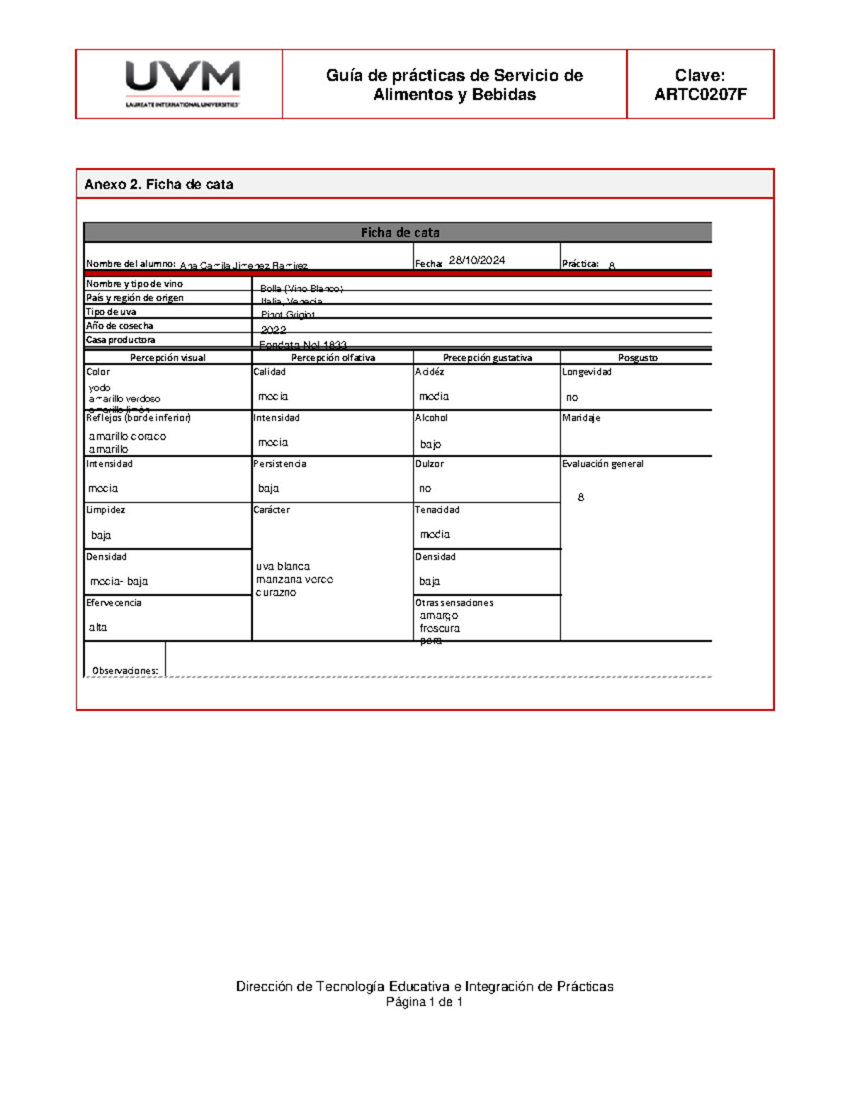 Ficha DE CATA - apuntes - Guía de prácticas de Servicio de Alimentos y ...