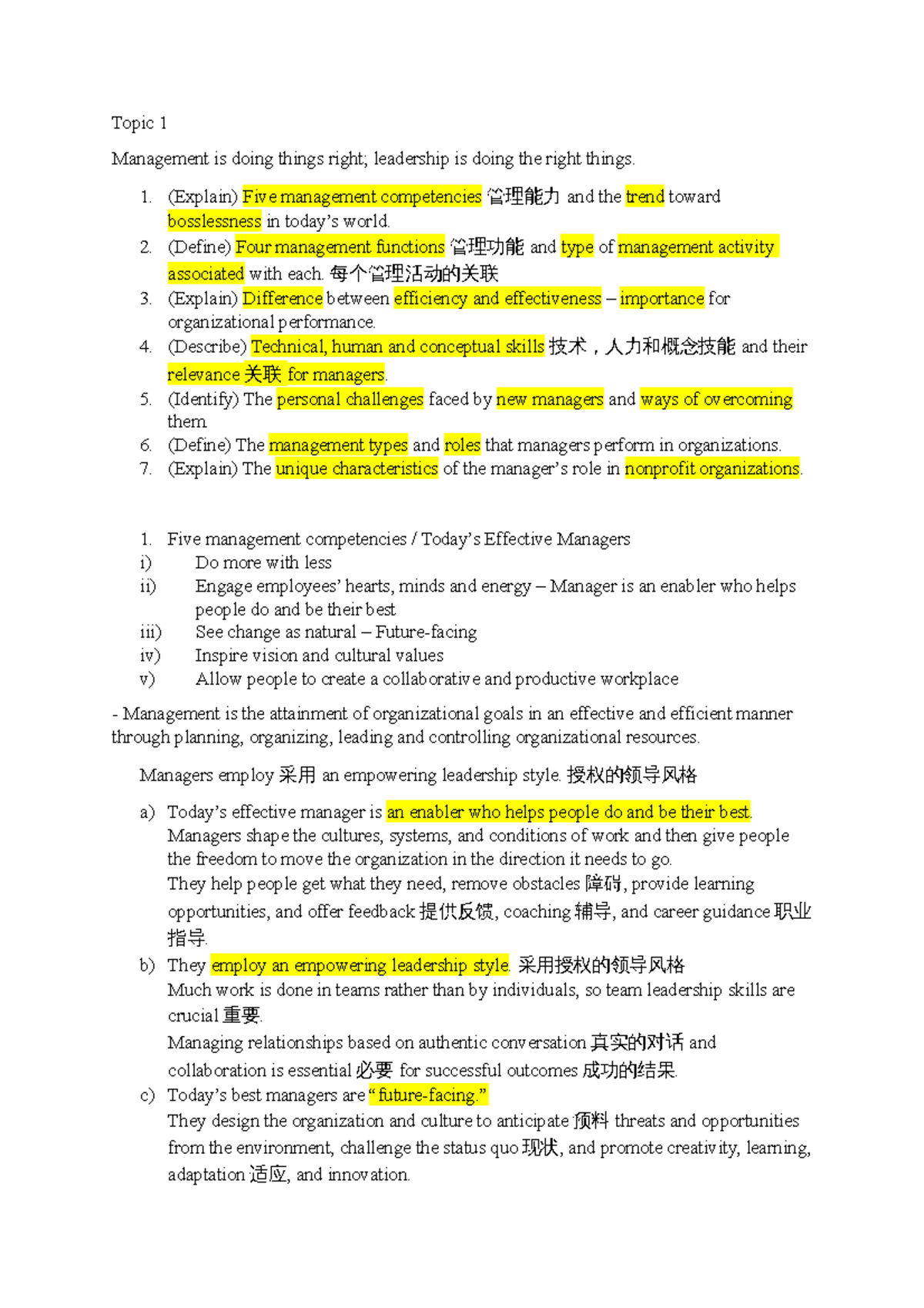 Management 1 - This is my own notes - Topic 1 Management is doing ...