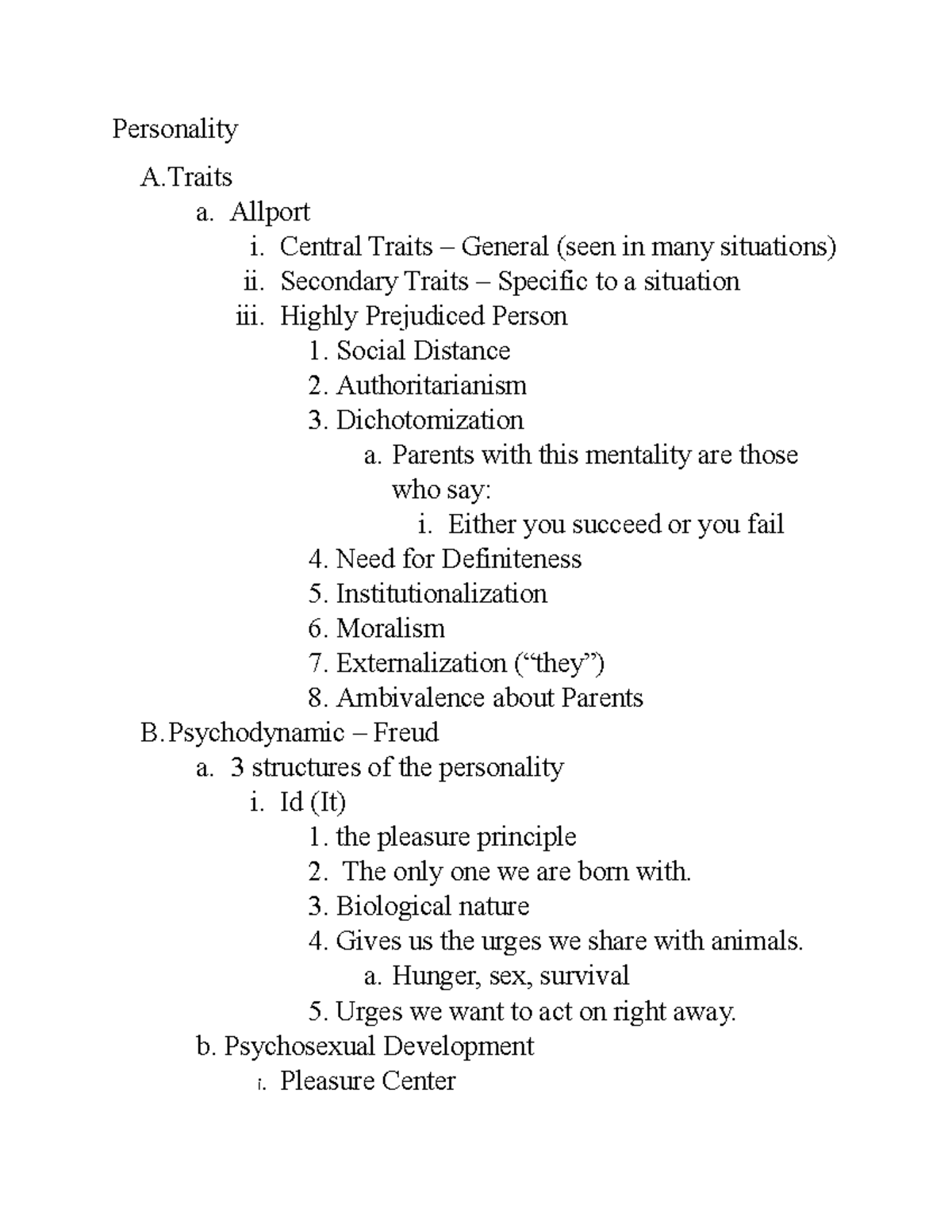 Intro to Personality pg1 - Personality A a. Allport i. Central Traits ...