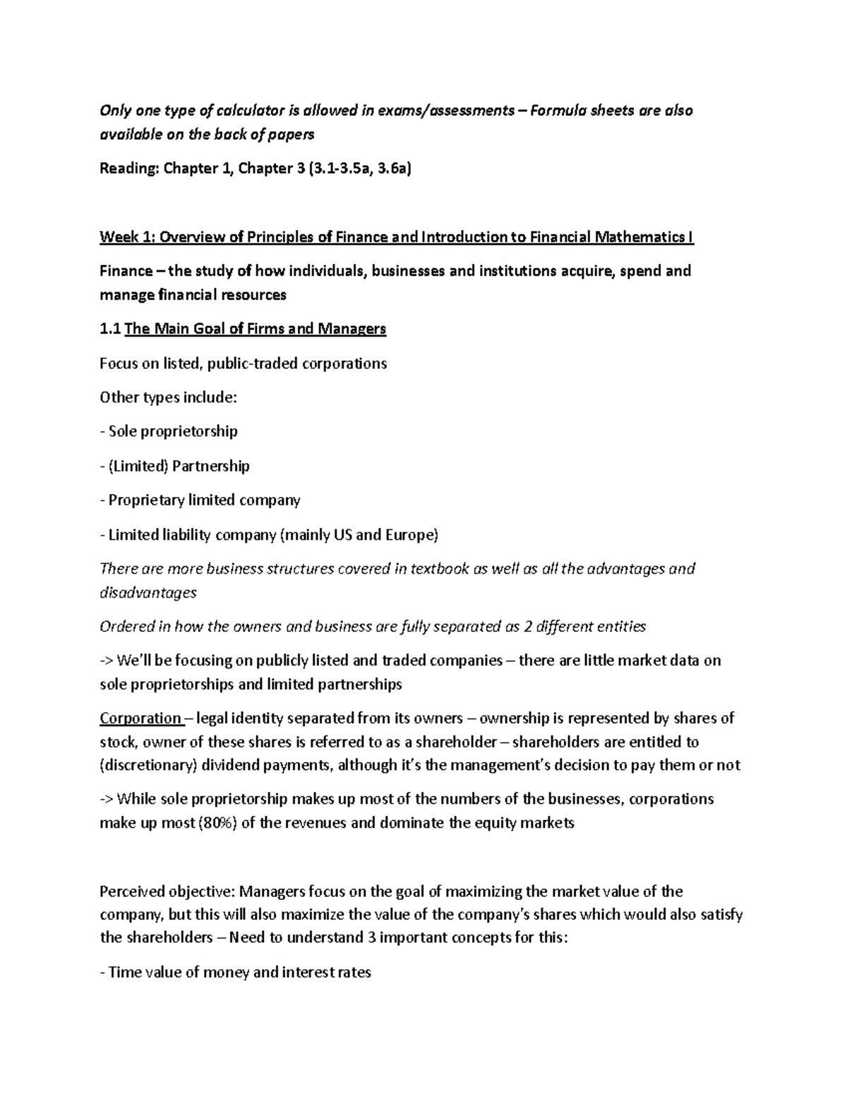 Principles of Finance L1 Notes - Only one type of calculator is allowed ...