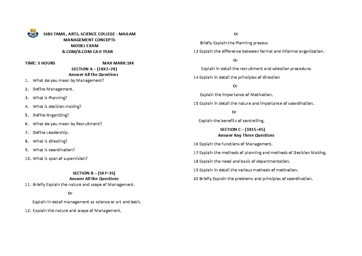 Management concepts Model exam question paper - SSBS TAMIL, ARTS ...