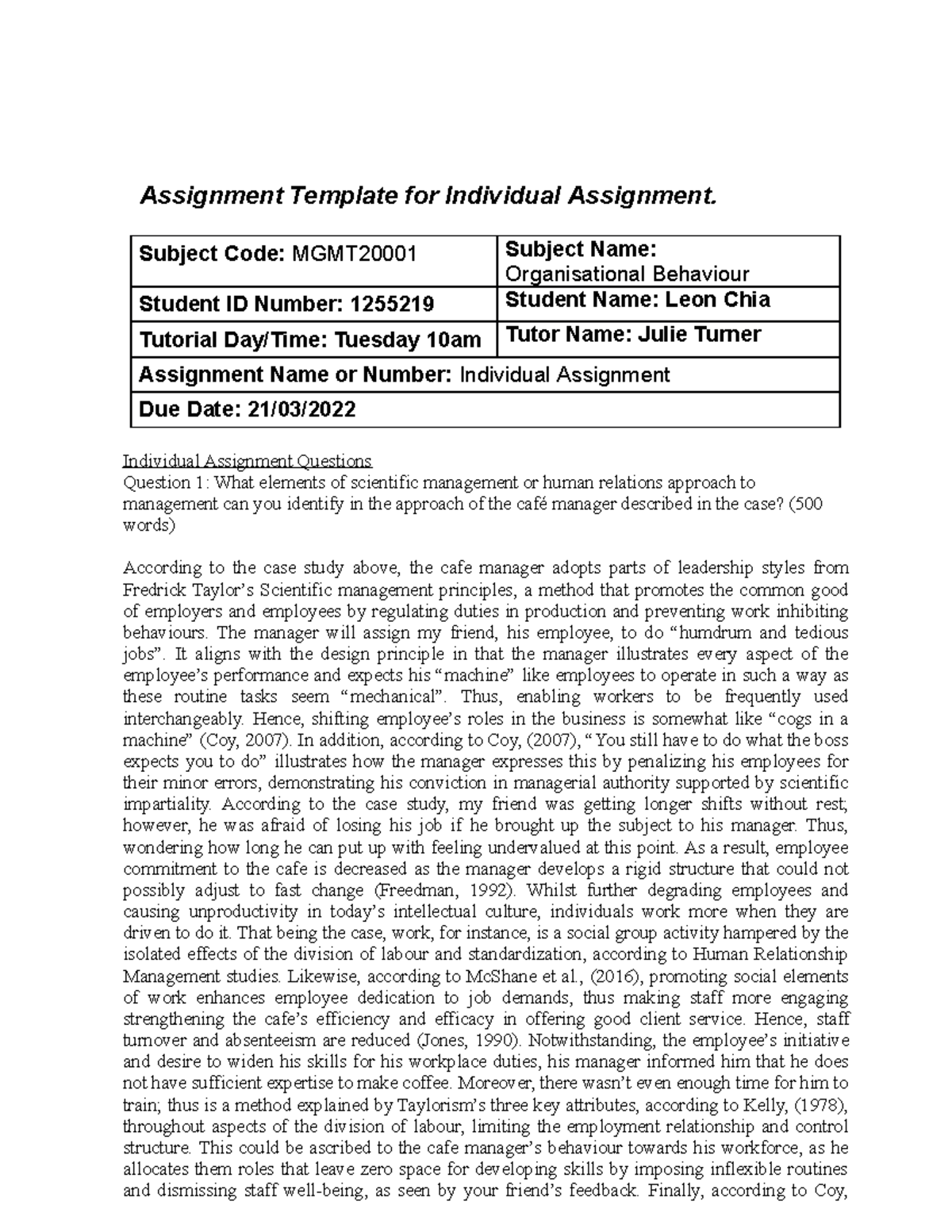 Individual Assignment Organisational behaviour - Assignment Template ...