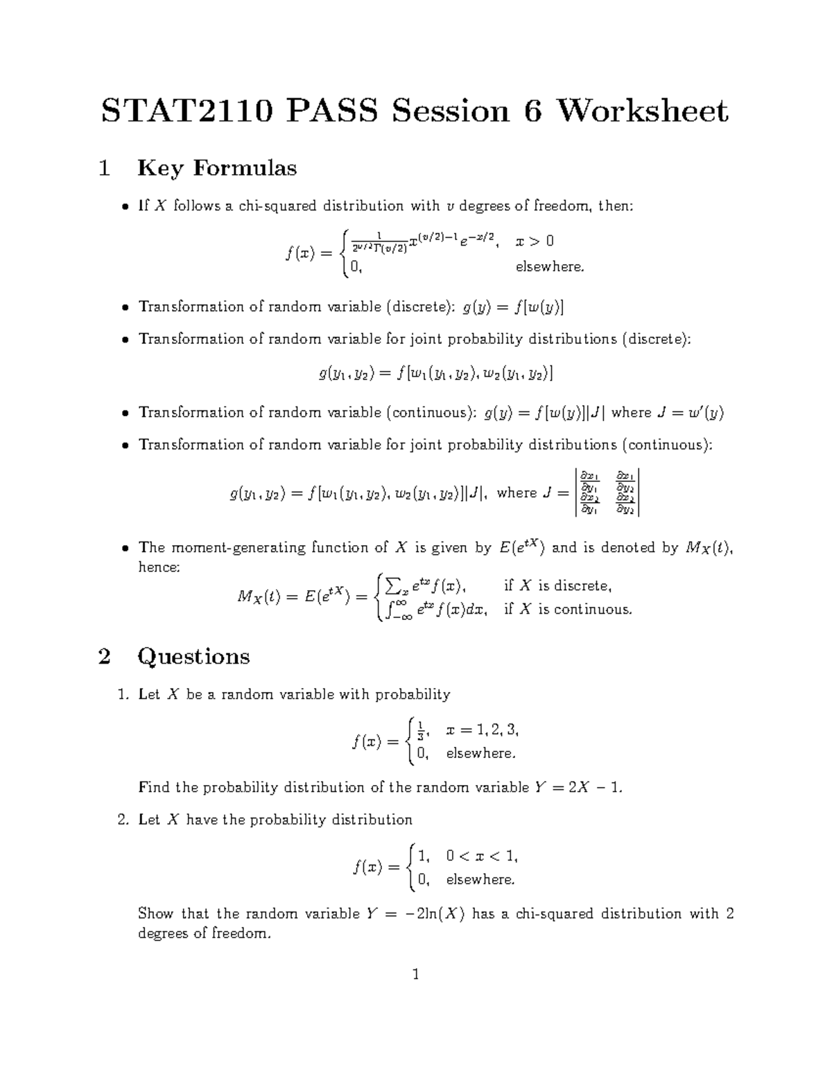 STAT2110 PASS Session 6 Worksheet - STAT2110 PASS Session 6 Worksheet 1 ...